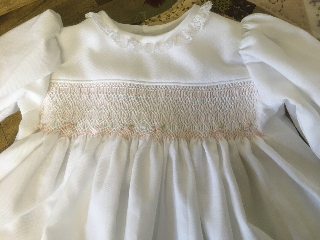 Baby Girls Hand Smocked White Spot Winter Poly Cotton Dress Size ...
