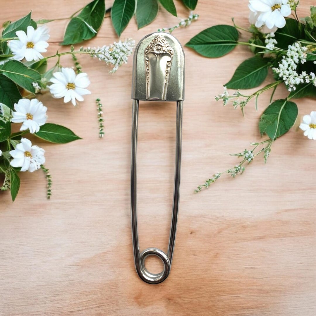 Jumbo Safety Pin Keychain: Antique Silver Spoon End, Scarf/hat Pin - Etsy