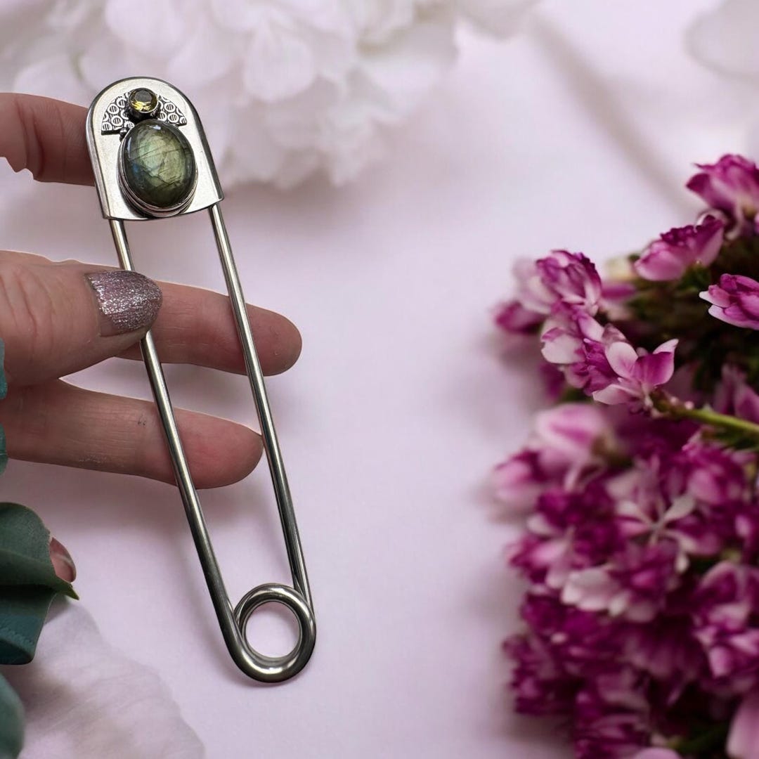 Jumbo Safety Pin Keychain With Labradorite and Citrine, Scarf Pin, Hat ...
