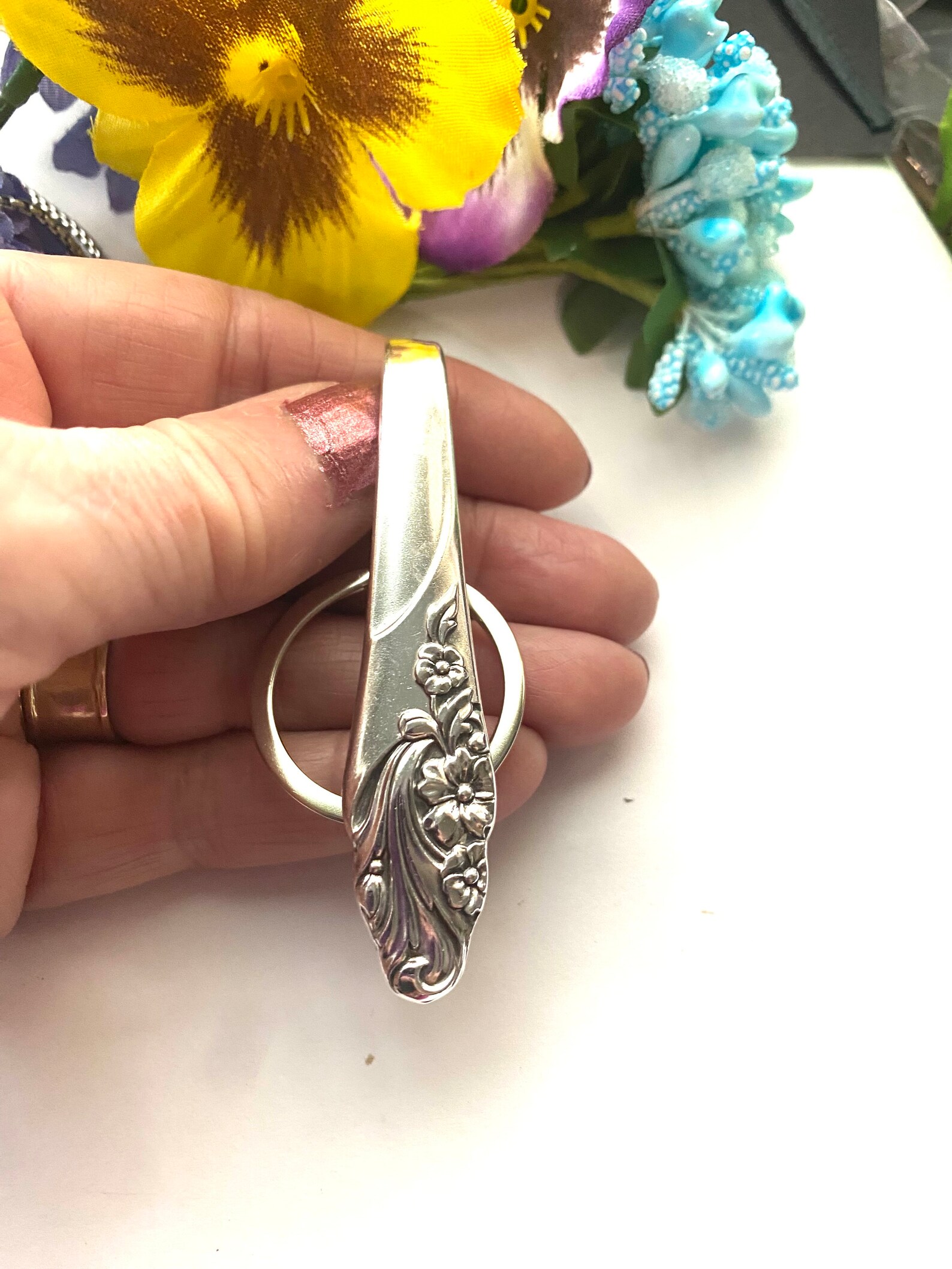 Repurposed Silverware Purse Hook Keychain: Floral Spoon Handle Key Fob ...