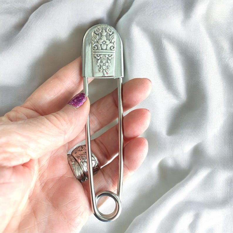 Jumbo Safety Pin Keychain: Antique Silver Spoon End, Scarf/hat Pin - Etsy