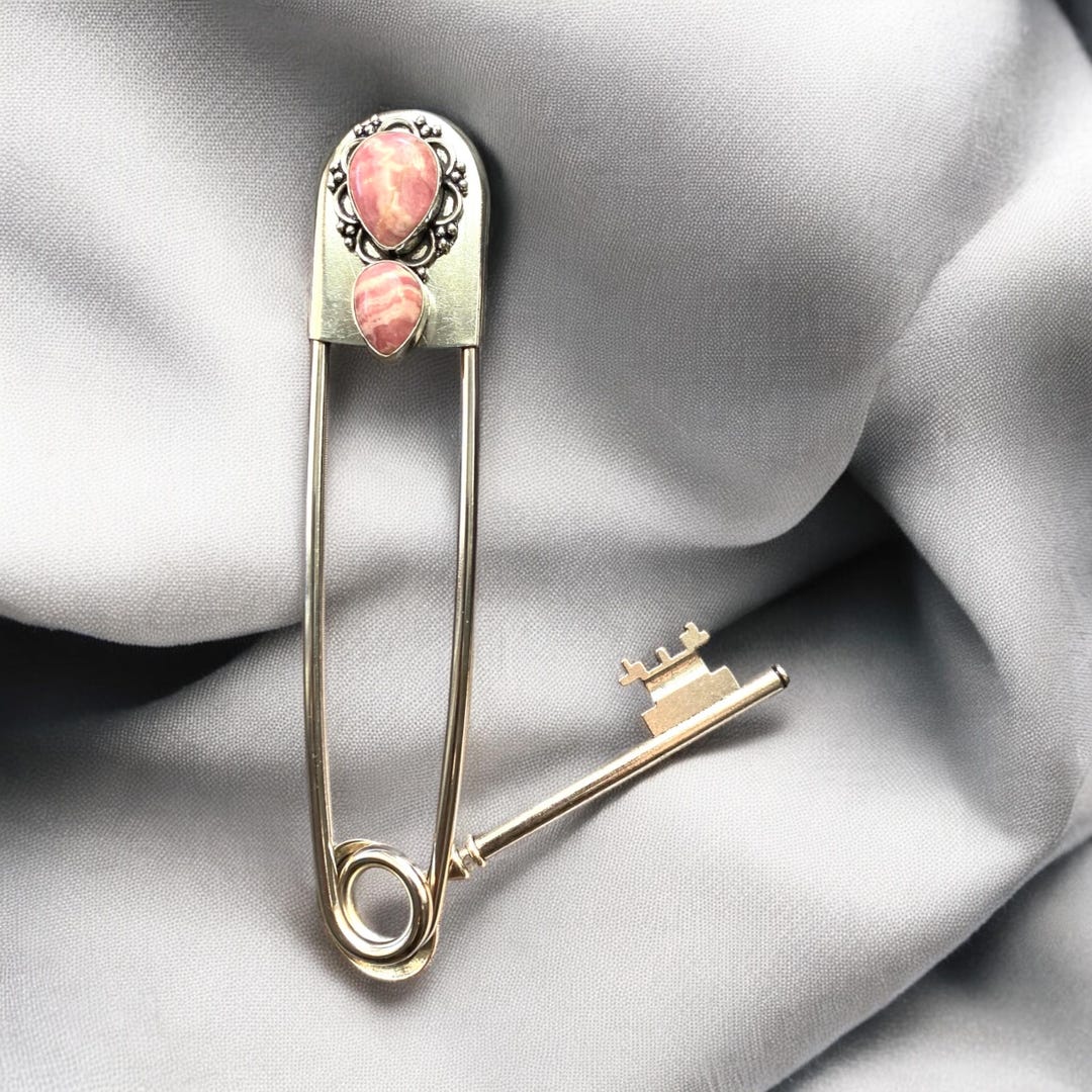 Jumbo Safety Pin Keychain With Rhodocrosite Scarf Pin, Hat Pin, Key ...