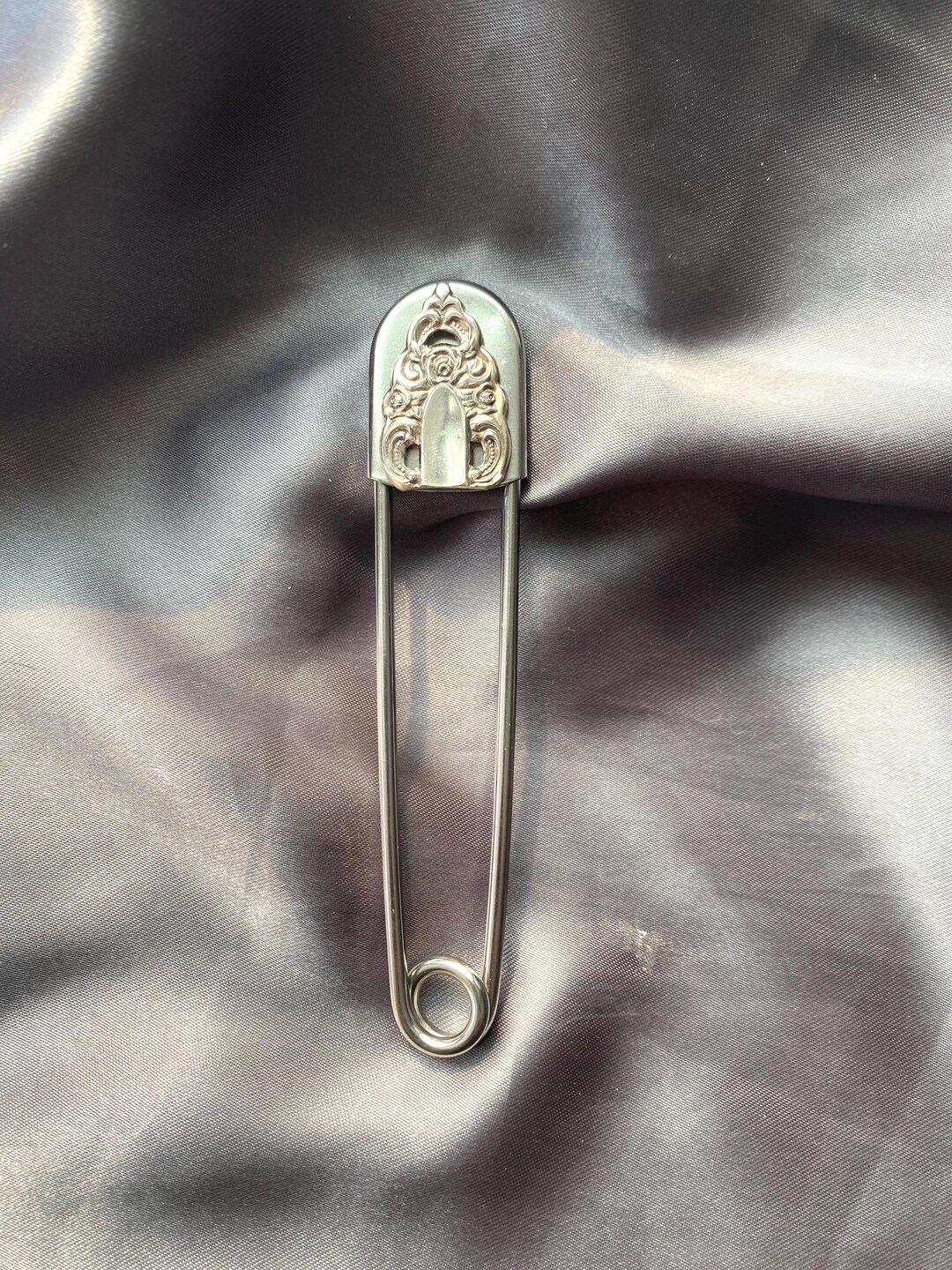 Jumbo Safety Pin Keychain With Antique Silver Plated Spoon End, Scarf ...