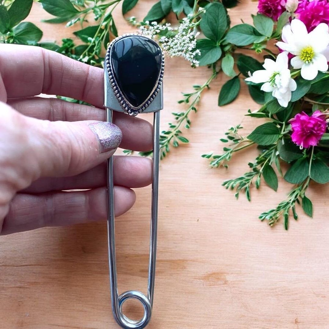 Jumbo Safety Pin Keychain With Black Onyx, Scarf Pin, Hat Pin, Key ...