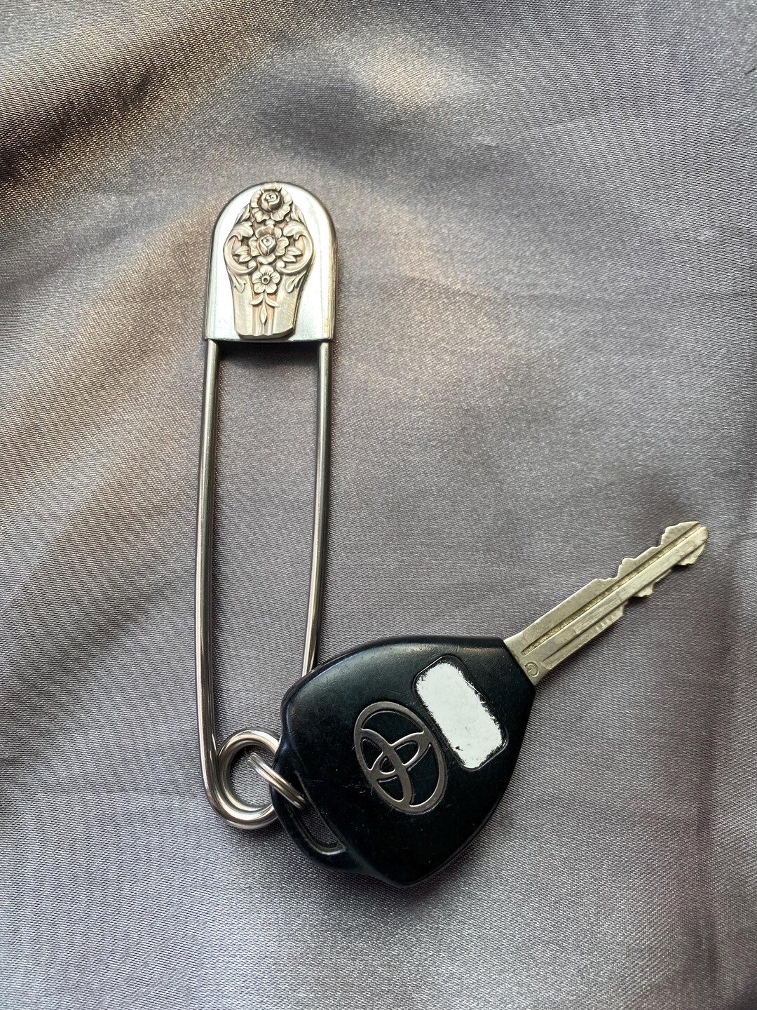 Jumbo Safety Pin Keychain With Antique Silver Plated Spoon End, Scarf ...