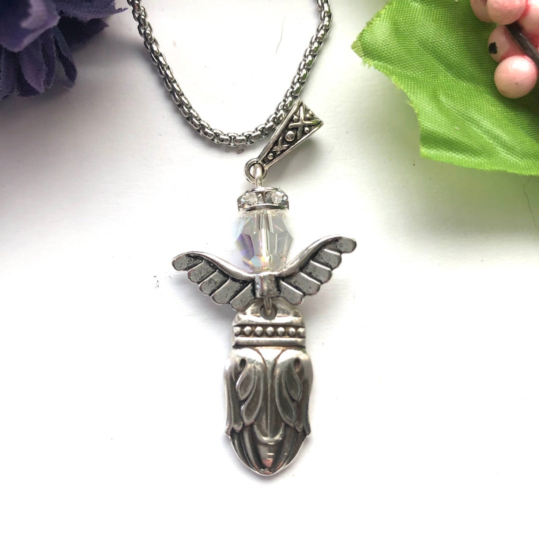 Spoon Angel Pendant Necklace: Repurposed Silver Angel, Swarovski Bead ...
