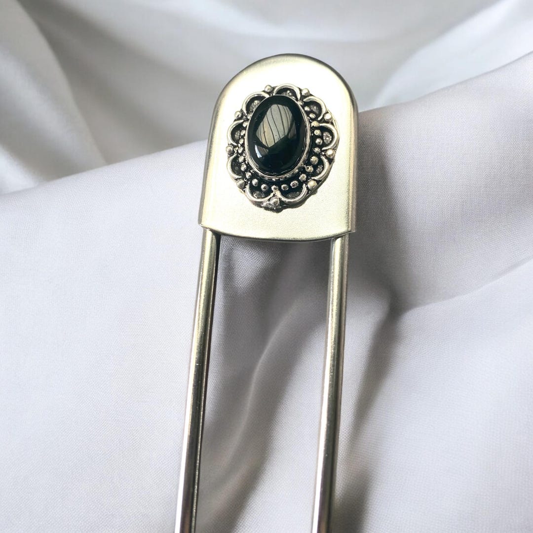 Jumbo Safety Pin Keychain With Black Onyx, Scarf Pin, Hat Pin, Key ...