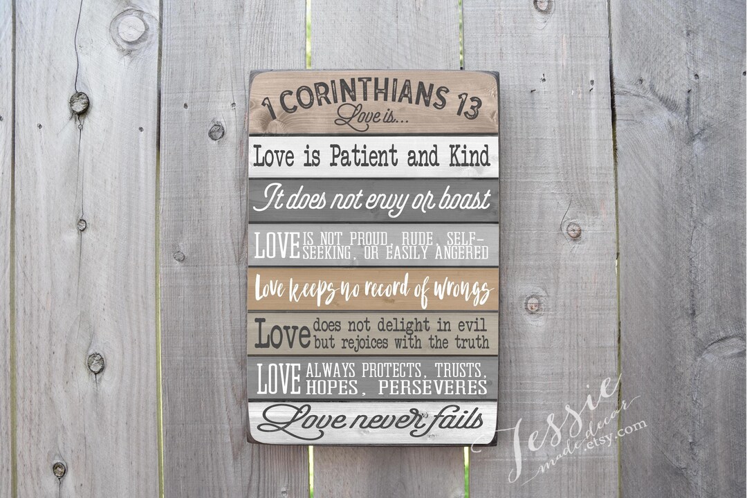 Love is - 1 Corinthians 13 - Brown Gray Bible Verse Sign 1 Cor 13 ...