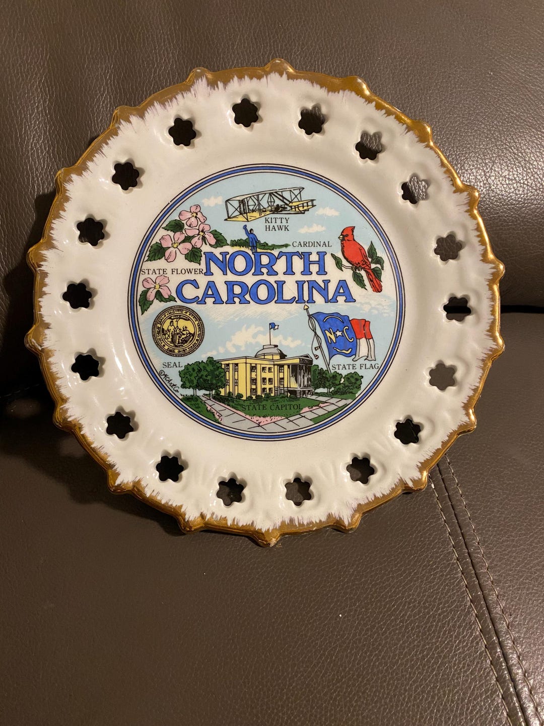 Vintage North Carolina Souvenir Plate 8x8 Gold Trim - Etsy