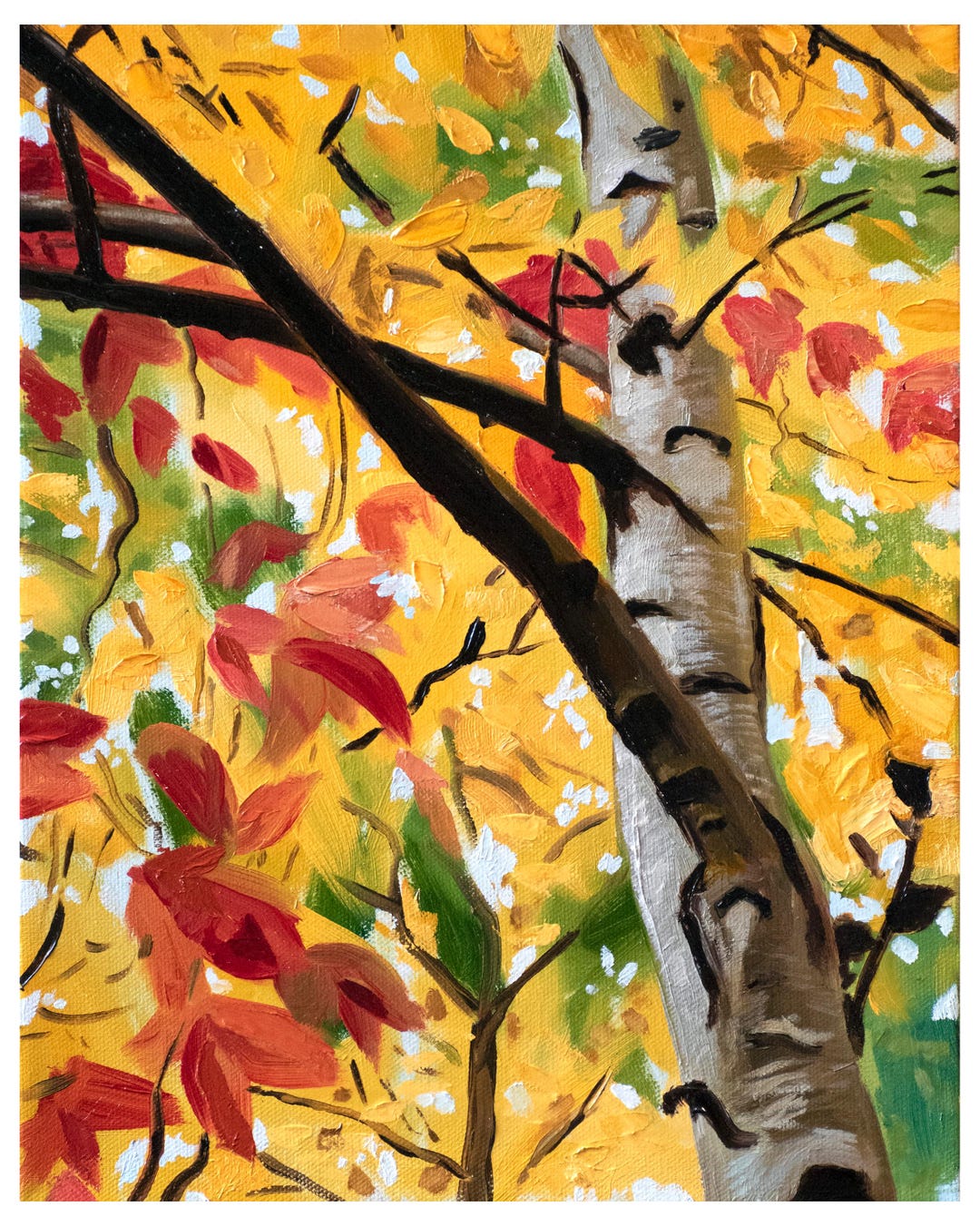 X, Wall Art Decor, Oil Painting of Birch Tree, Fall Colors, Art Print ...