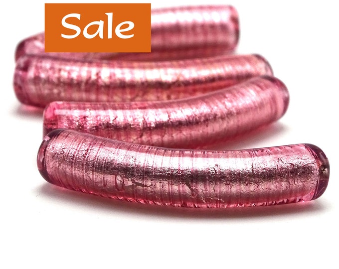 White Gold-lined Pink Curved Murano Glass Beadsapprox. 8mm X 38mm 1-1/2 ...