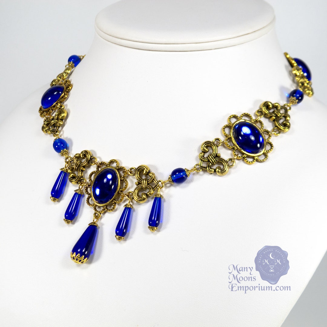 Blue and Gold Necklace, Jeweled Necklace, Renaissance Jewelry, Gothic ...