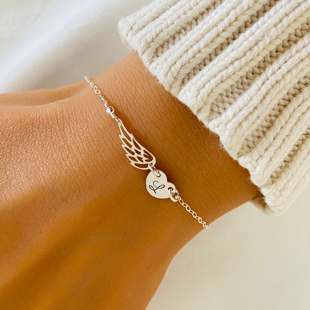 Personalized Angel Wing Bracelet, Heart Bracelet, Initial Heart ...