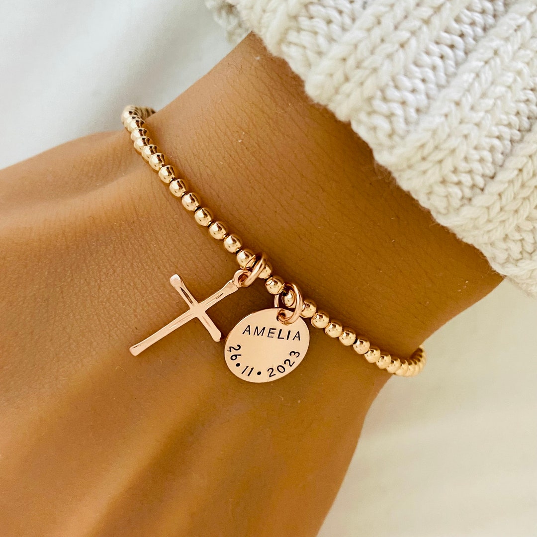 Rose Gold Cross Bracelet, Personalized Christening Bracelet, First ...