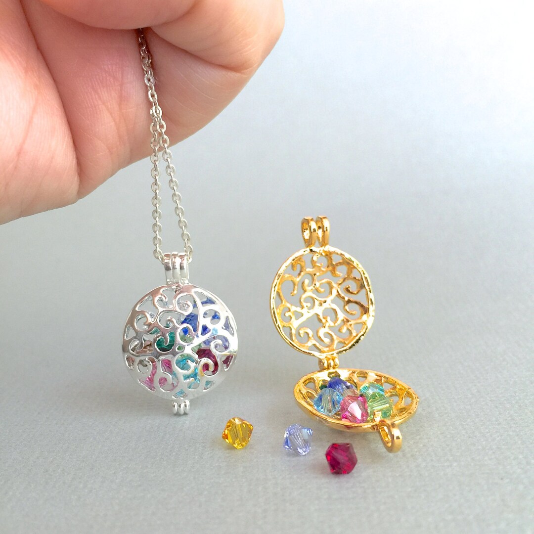 Collier familial Locket Filigree Collier Locket Birthstone - Etsy France