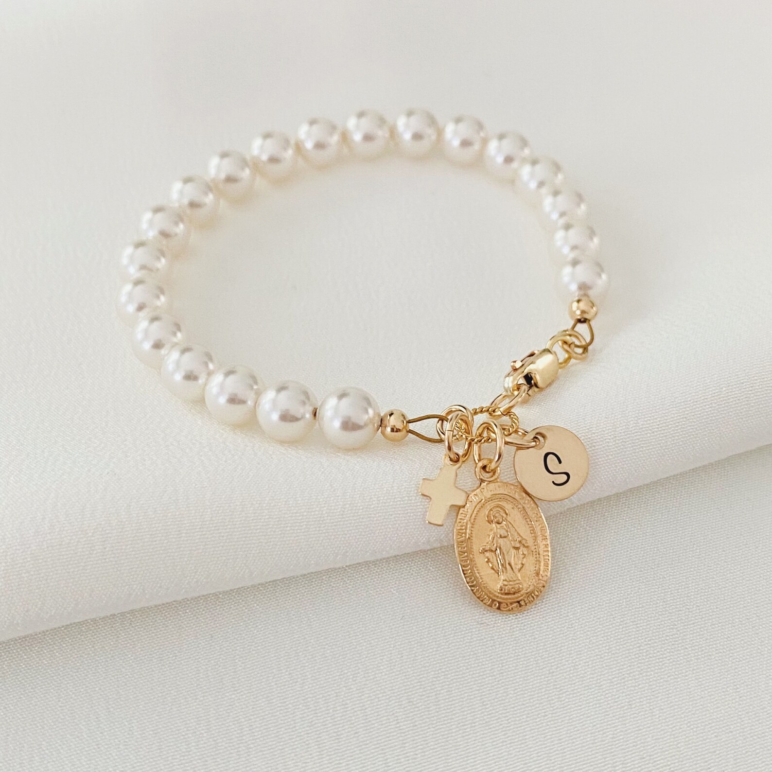 Personalised Virgin Mary Bracelet, Cross Jewelry, First Communion Gift ...