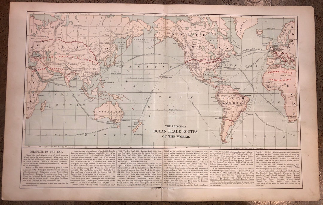 Antique Map 1875 World Ocean Trade Routes Harper & Brothers Original ...