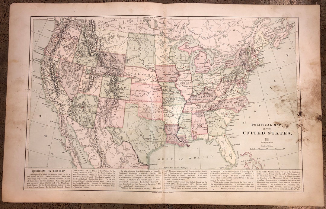 Antique Map 1875 Political Map of USA Showing All the States and ...