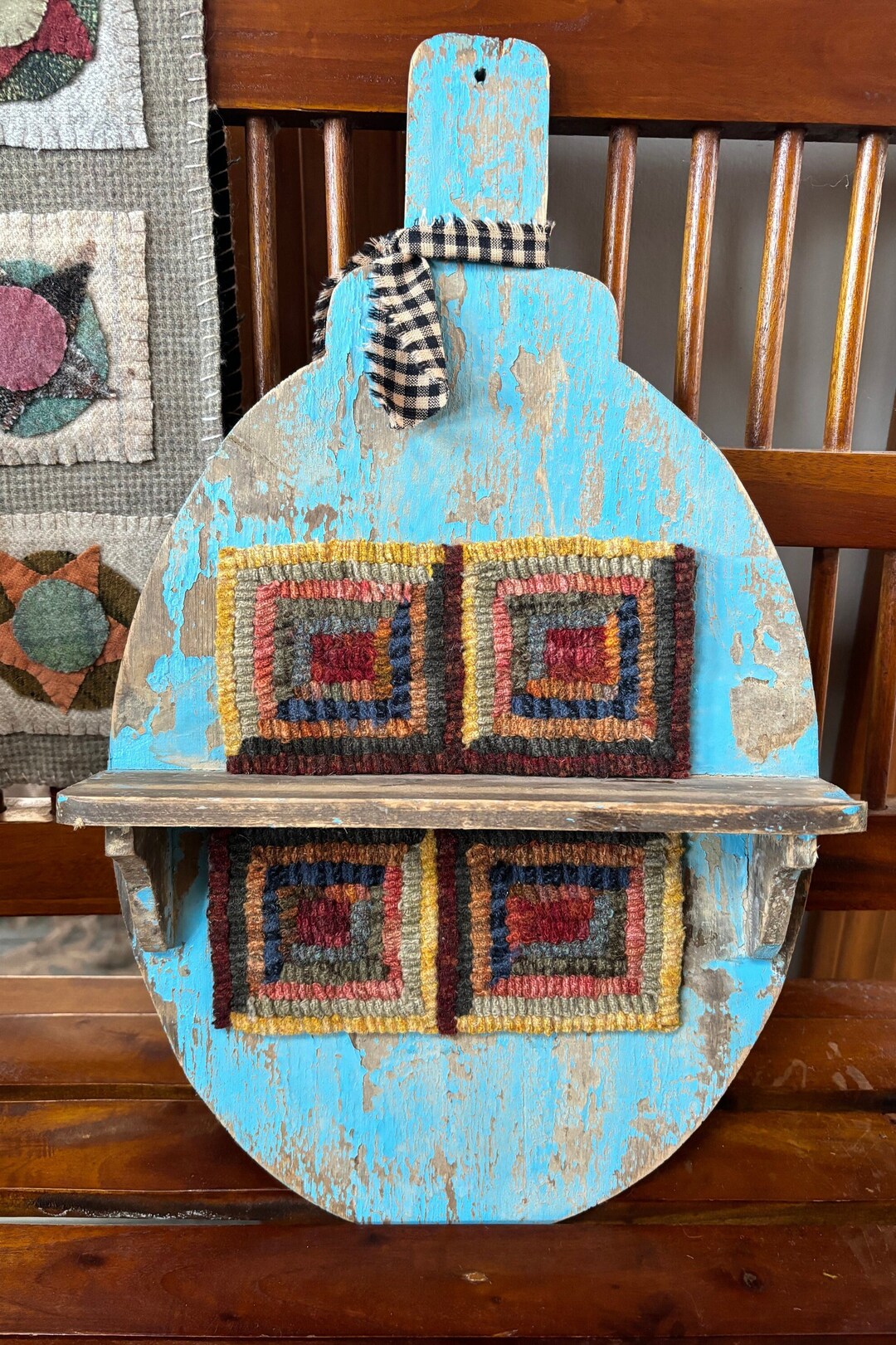 Vintage Blue Wood Shelf With Rug Hooked Log Cabin Squares - Etsy
