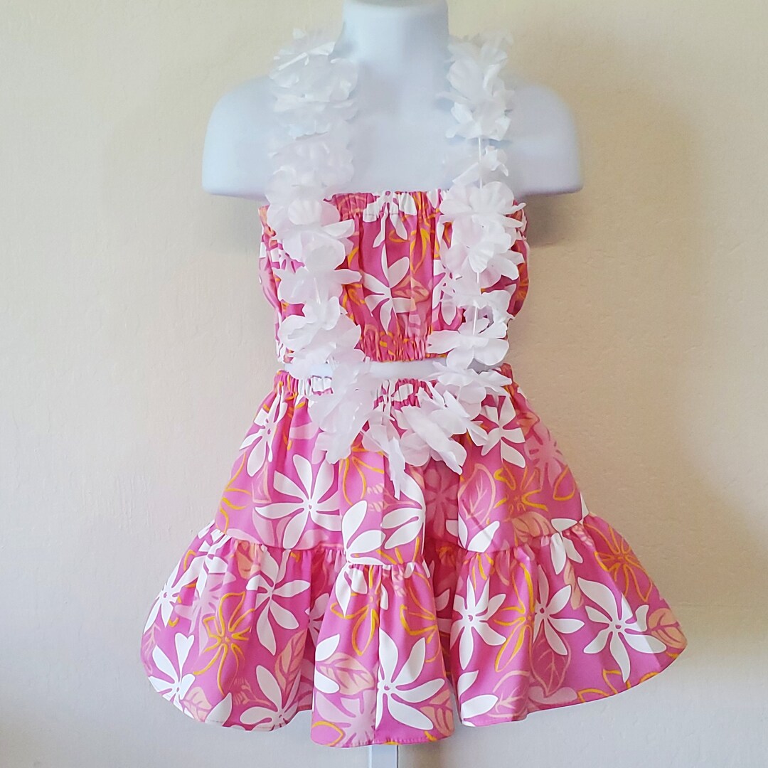 Girls Hula Hawaiian Dress 2 Piece Outfit Lt. Pink With White Tiare ...