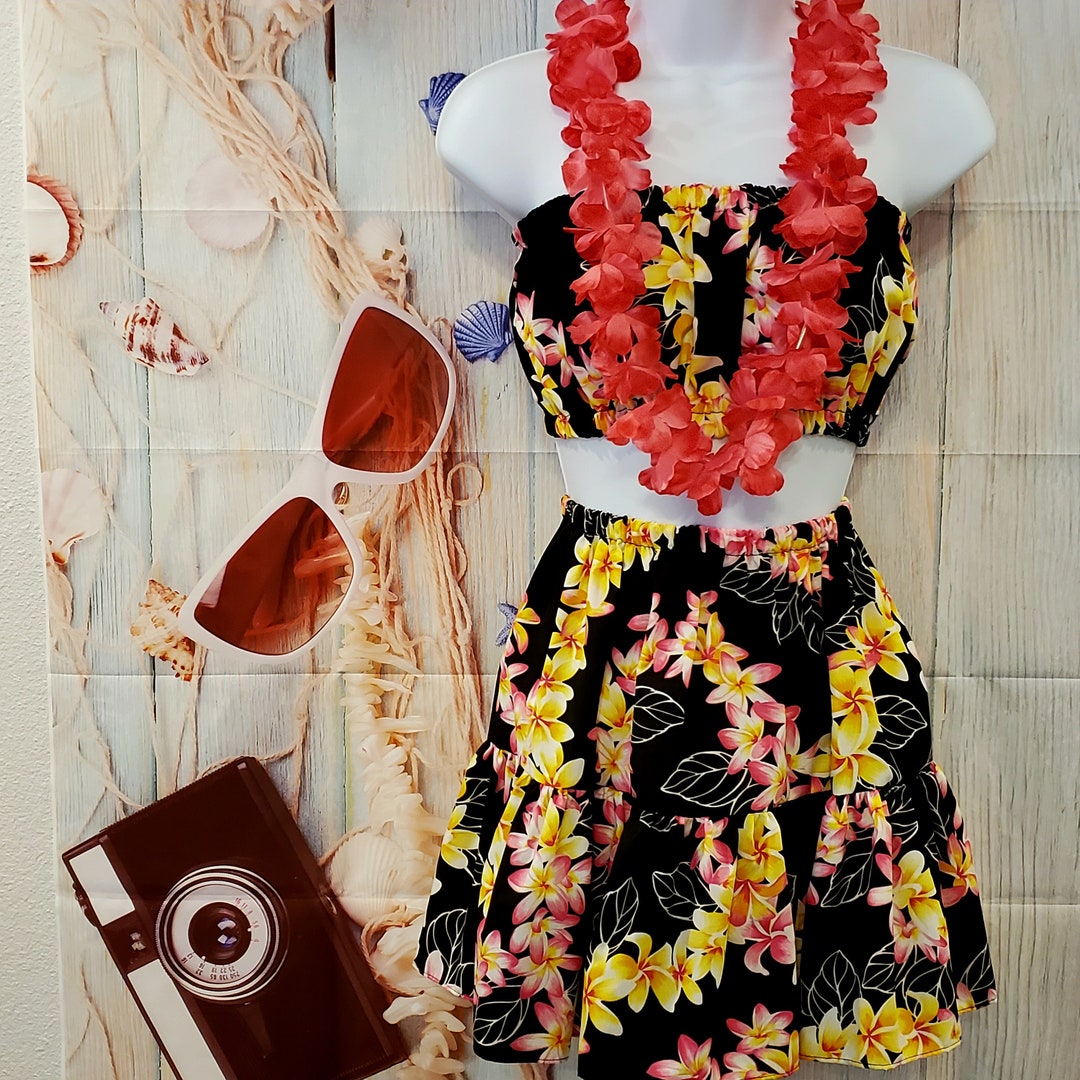 Girls Hula Hawaiian Dress 2 Piece Outfit Plumeria Floral on Black With ...