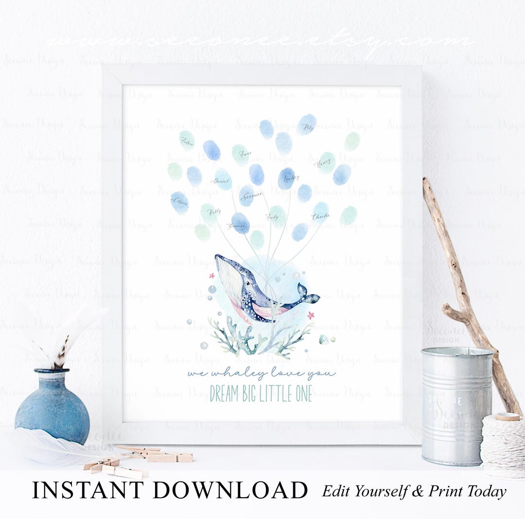 INSTANT DOWNLOAD Editable Whale Birthday Fingerprint Guestbook Sign ...