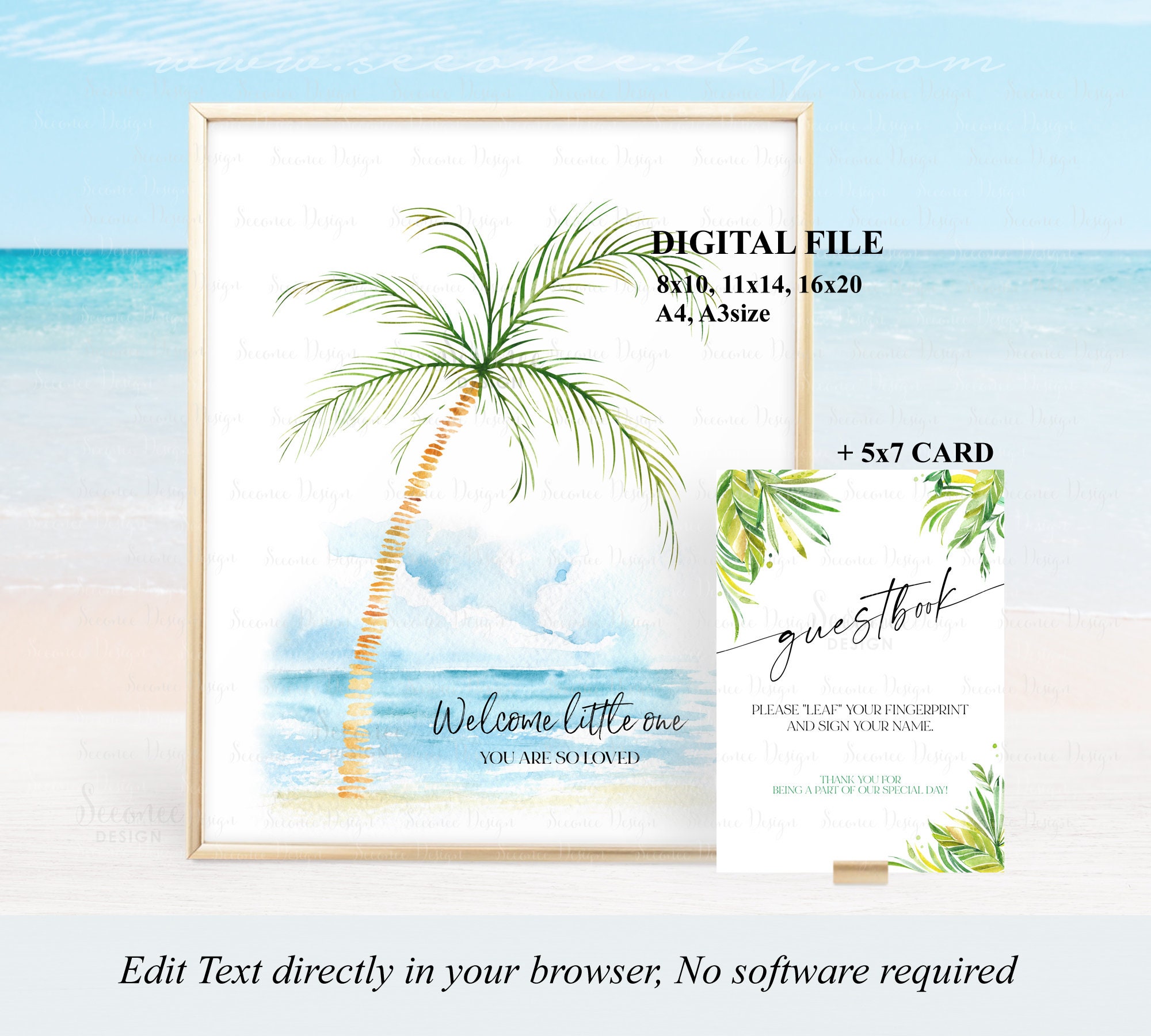 Editable Palm Tree Baby Shower Fingerprint Guestbook Alternative ...