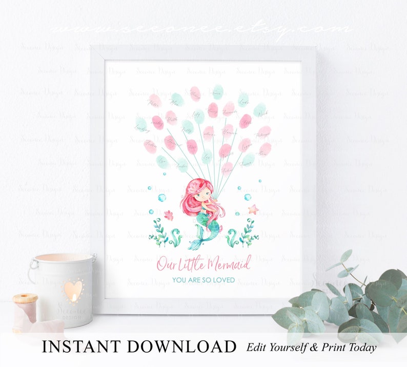 INSTANT DOWNLOAD Editable Pink Mermaid Fingerprint Guestbook ...