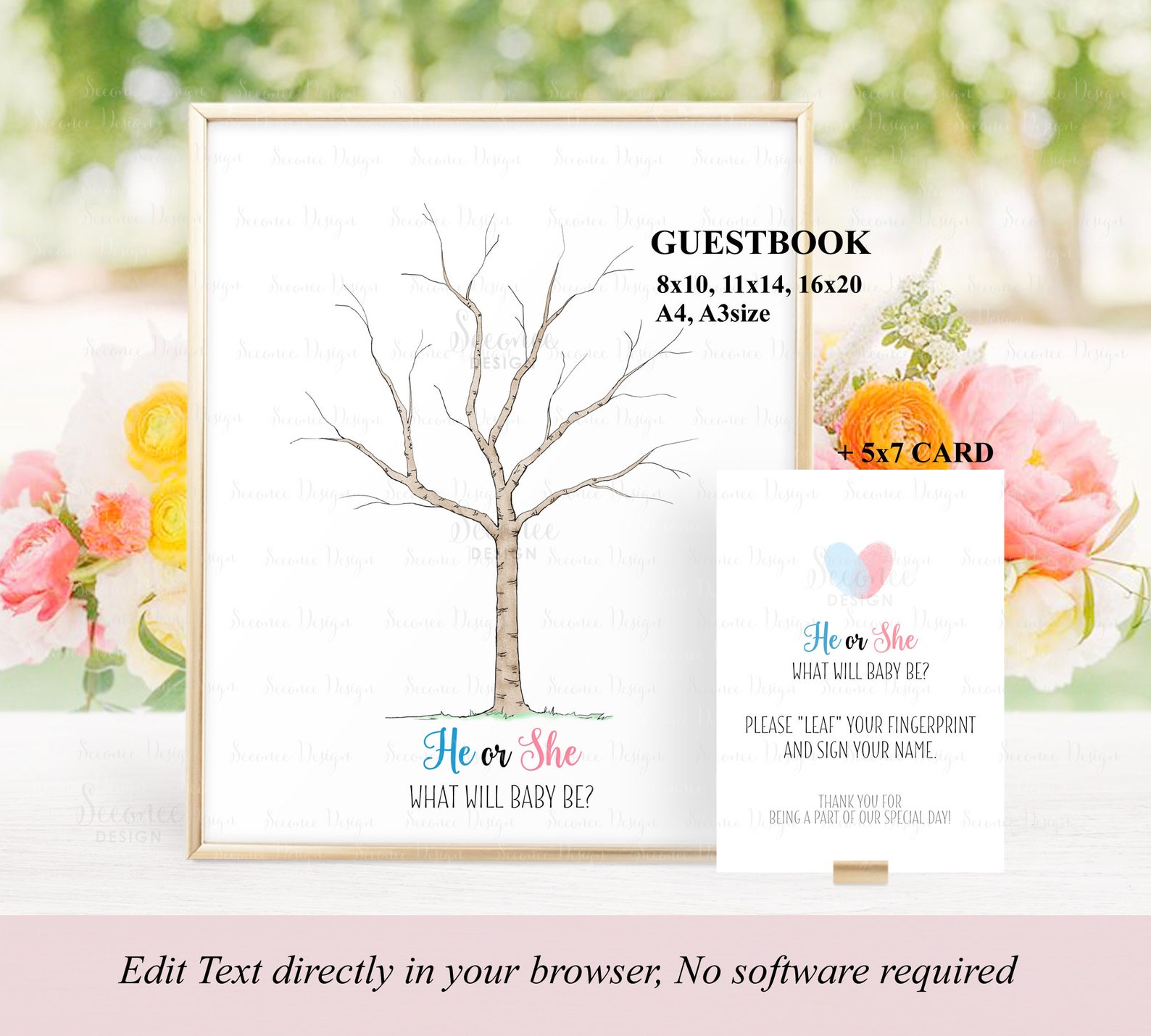 INSTANT DOWNLOAD Editable Gender Reveal Fingerprint Tree Guestbook, He ...