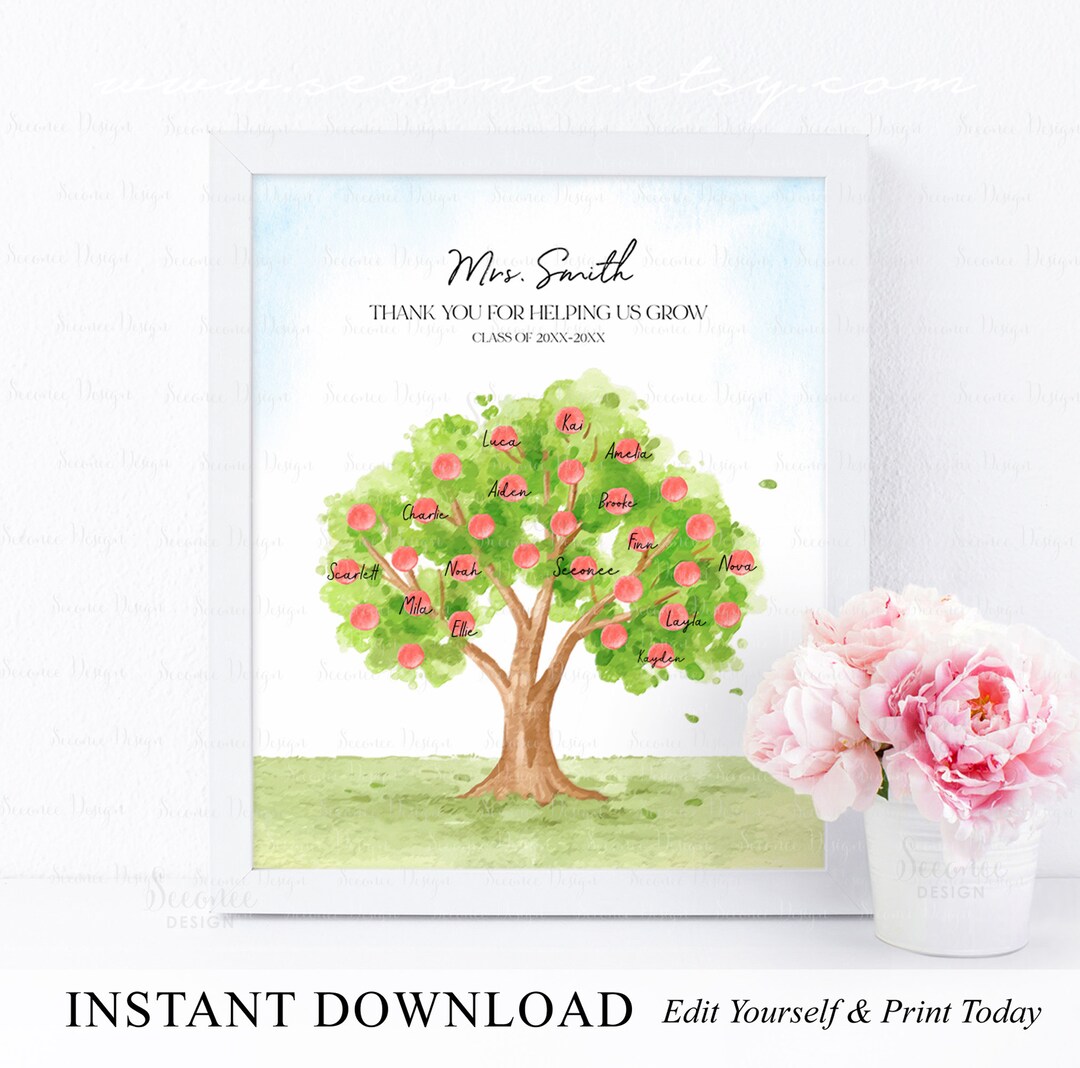 INSTANT DOWNLOAD Editable Teacher Apple Tree Printable Gift, Apple ...