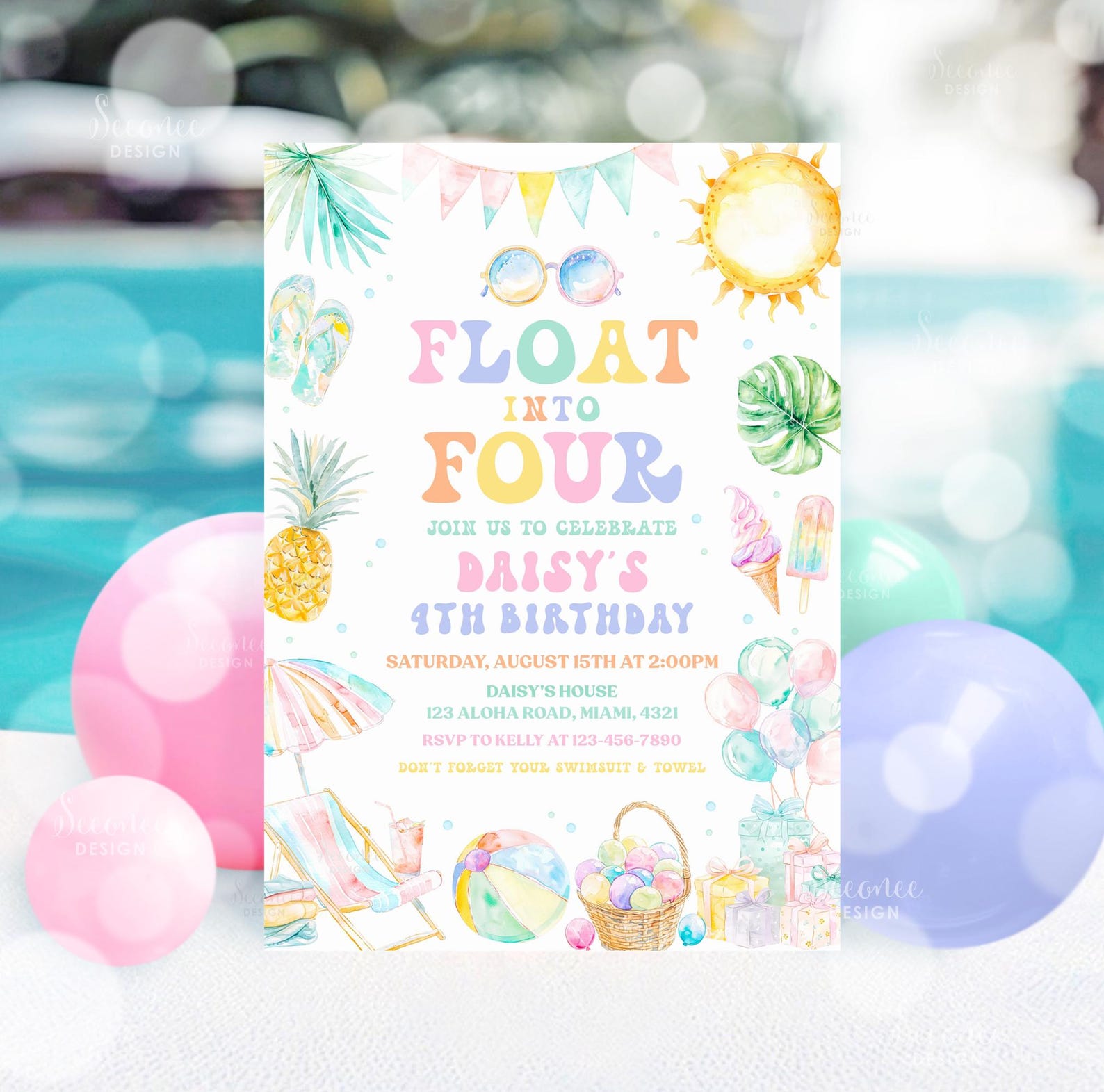 Editable Float Into Four 4th Birthday Pool Party Invitation Tropical ...