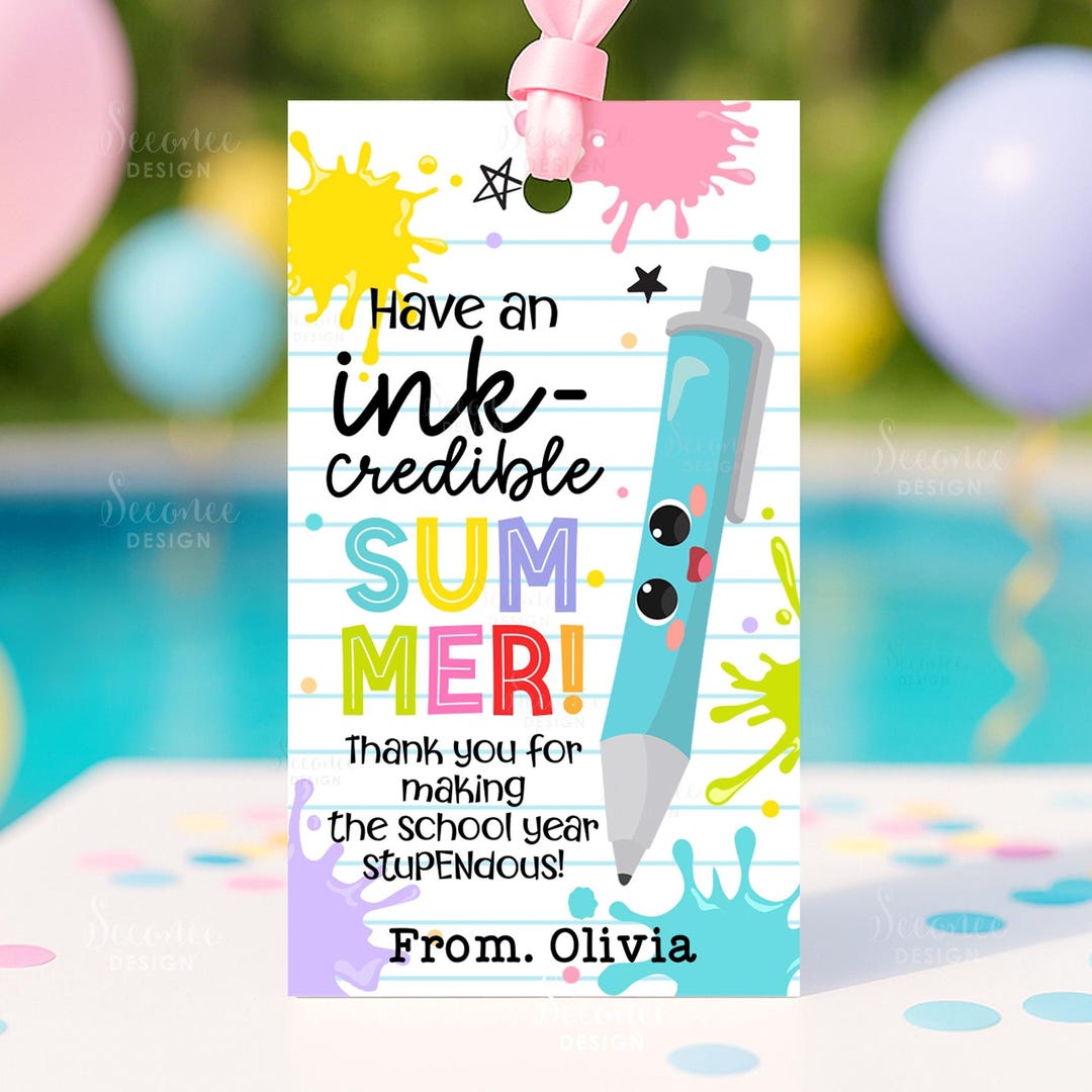 Editable Ink-credible Summer Tag Ink Pen Gift Tag Stupendous School ...