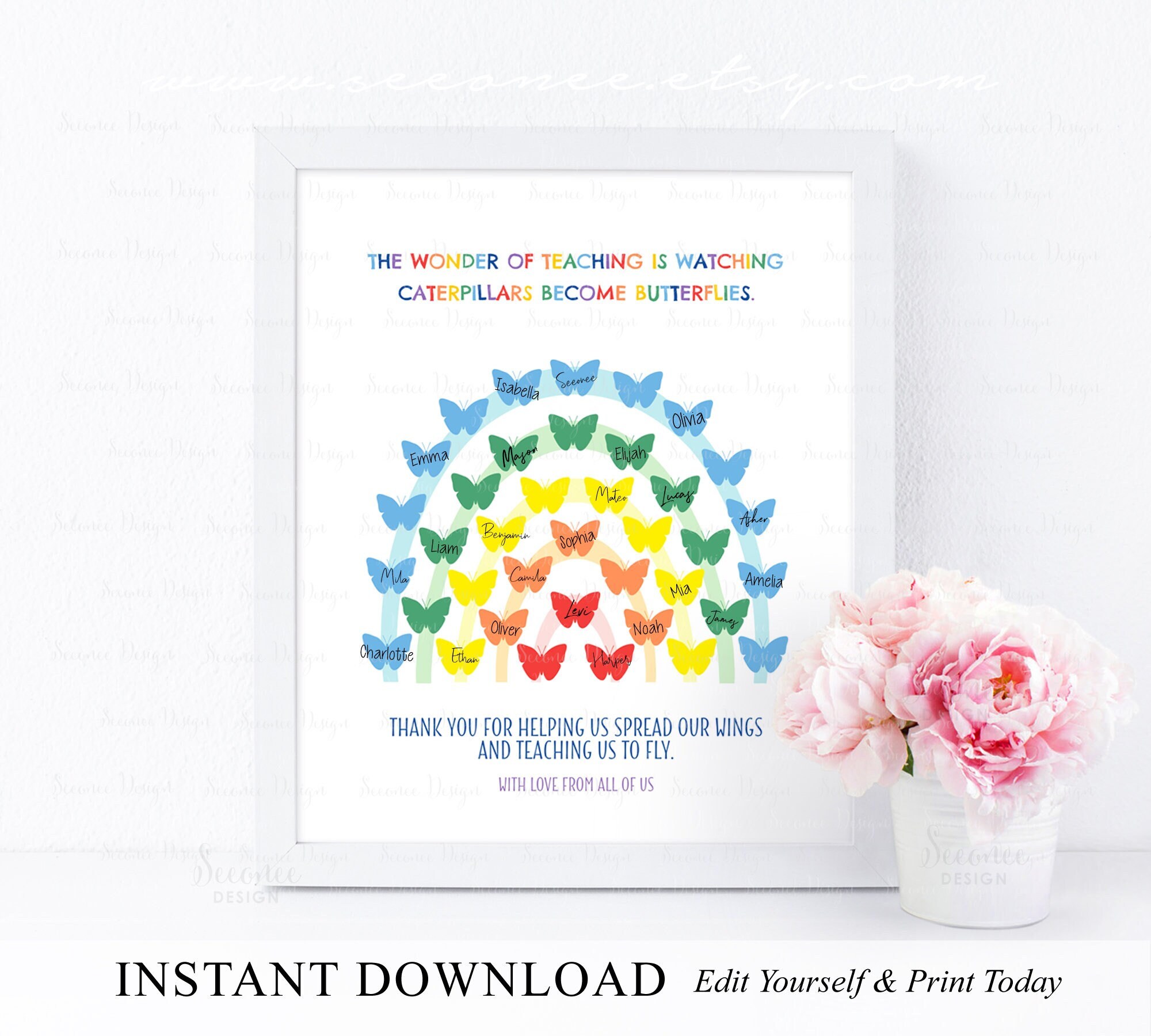 INSTANT DOWNLOAD Editable Rainbow Butterfly Teacher Gift, Personalised ...