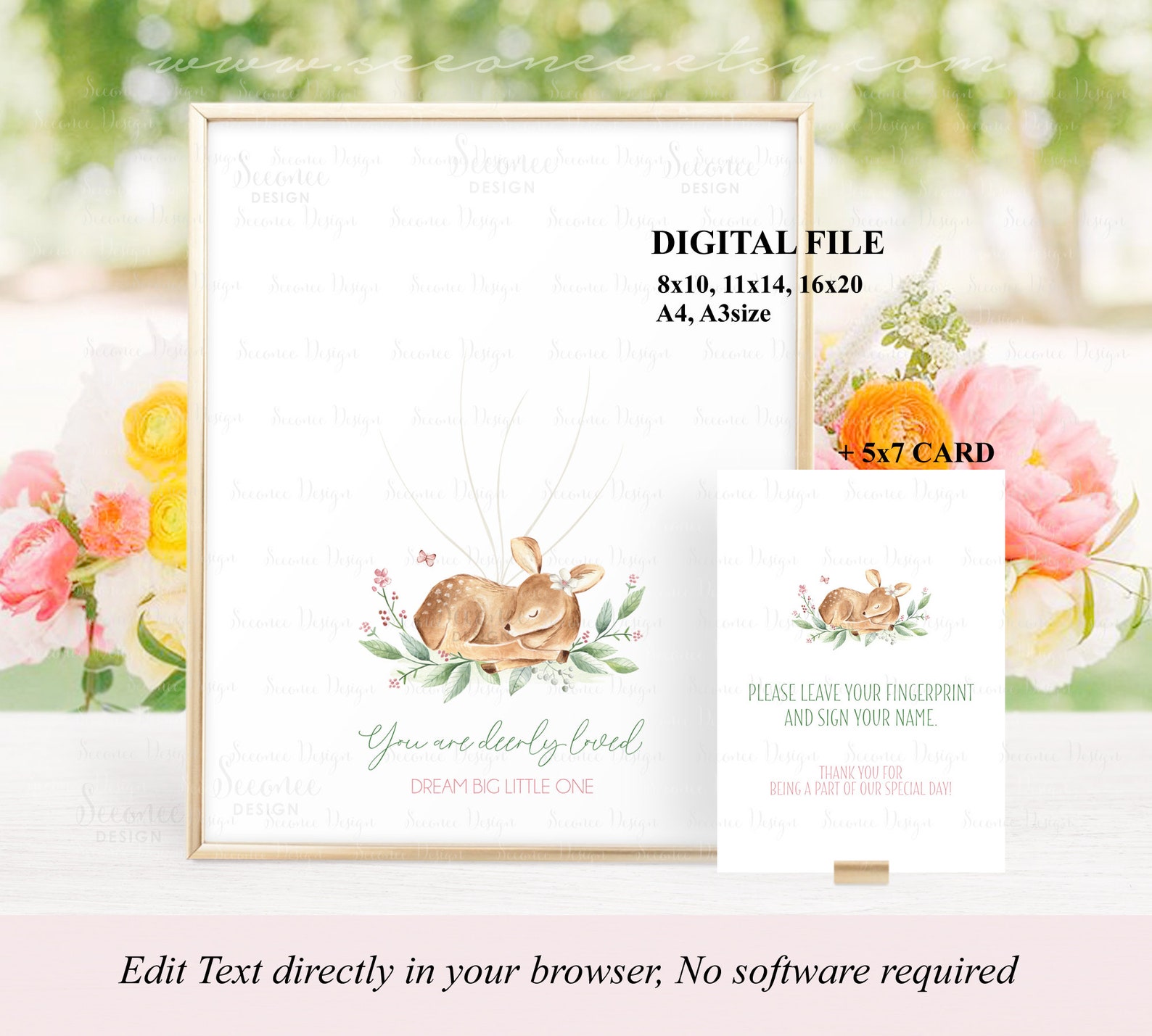 INSTANT DOWNLOAD Editable Pink Greenery Deer Birthday | Etsy