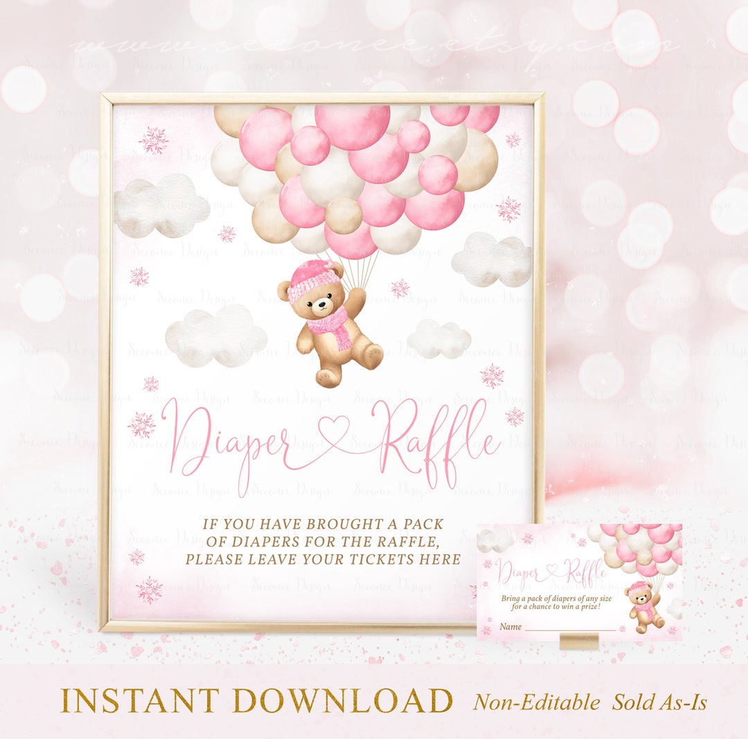 Winter Pink Bear Balloon Baby Shower Diaper Raffle Sign Tickets, Girl ...