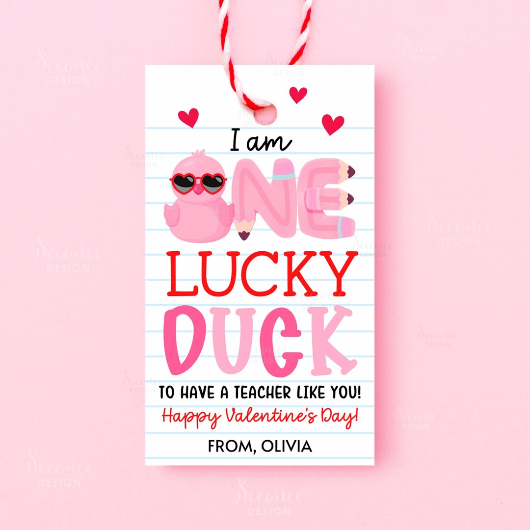 One Lucky Duck Valentines Teacher Gift Tag, Valentines Rubber Duck Tag ...