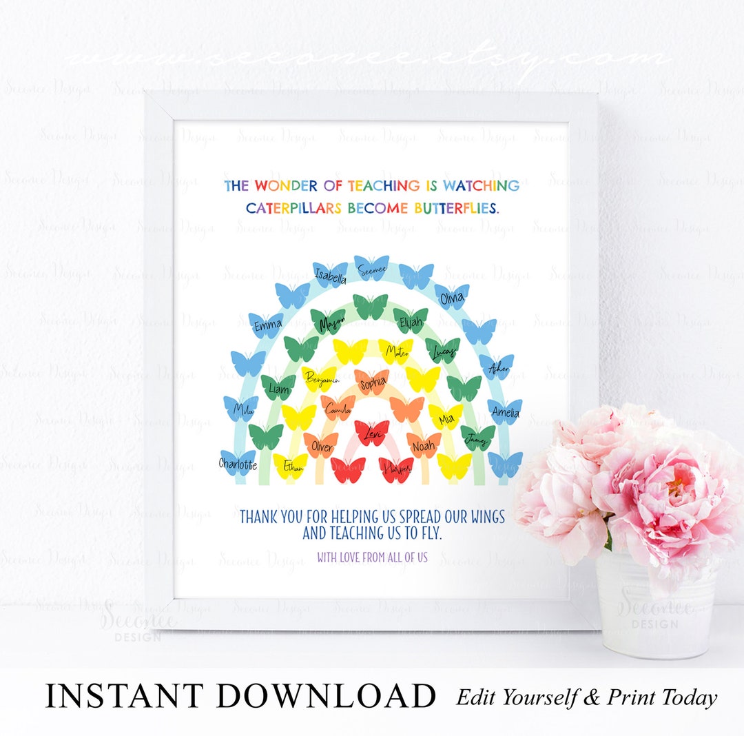 INSTANT DOWNLOAD Editable Rainbow Butterfly Teacher Gift, Personalised ...