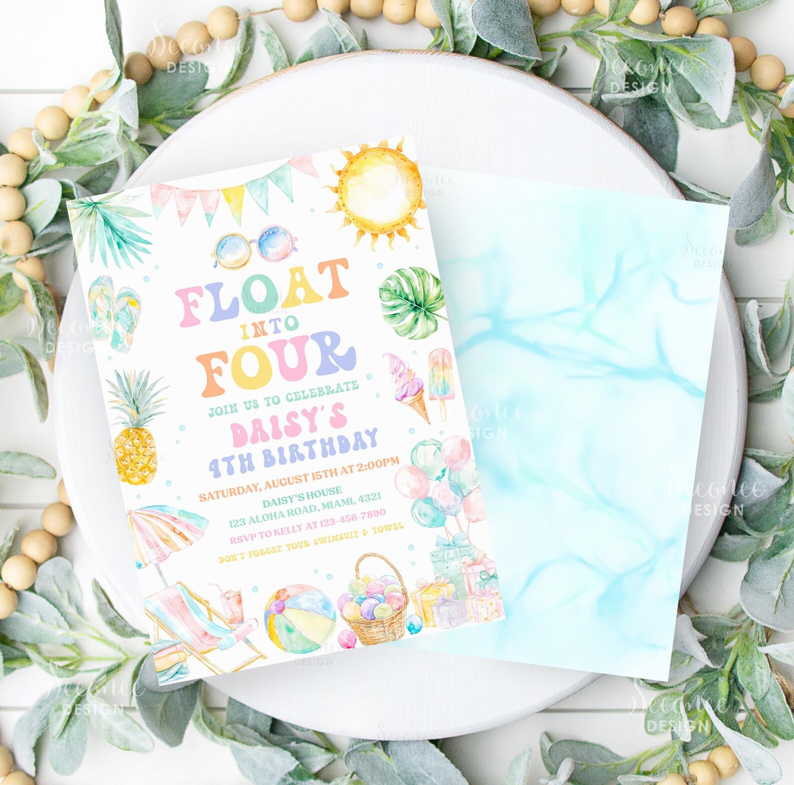 Editable Float Into Four 4th Birthday Pool Party Invitation Tropical ...