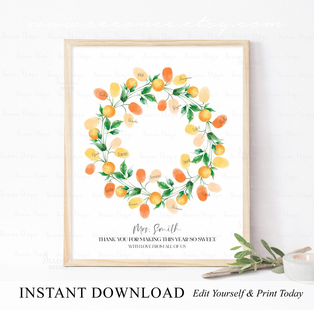Editable Orange Teacher Appreciation Gift Fingerprint Art Ideas End of ...