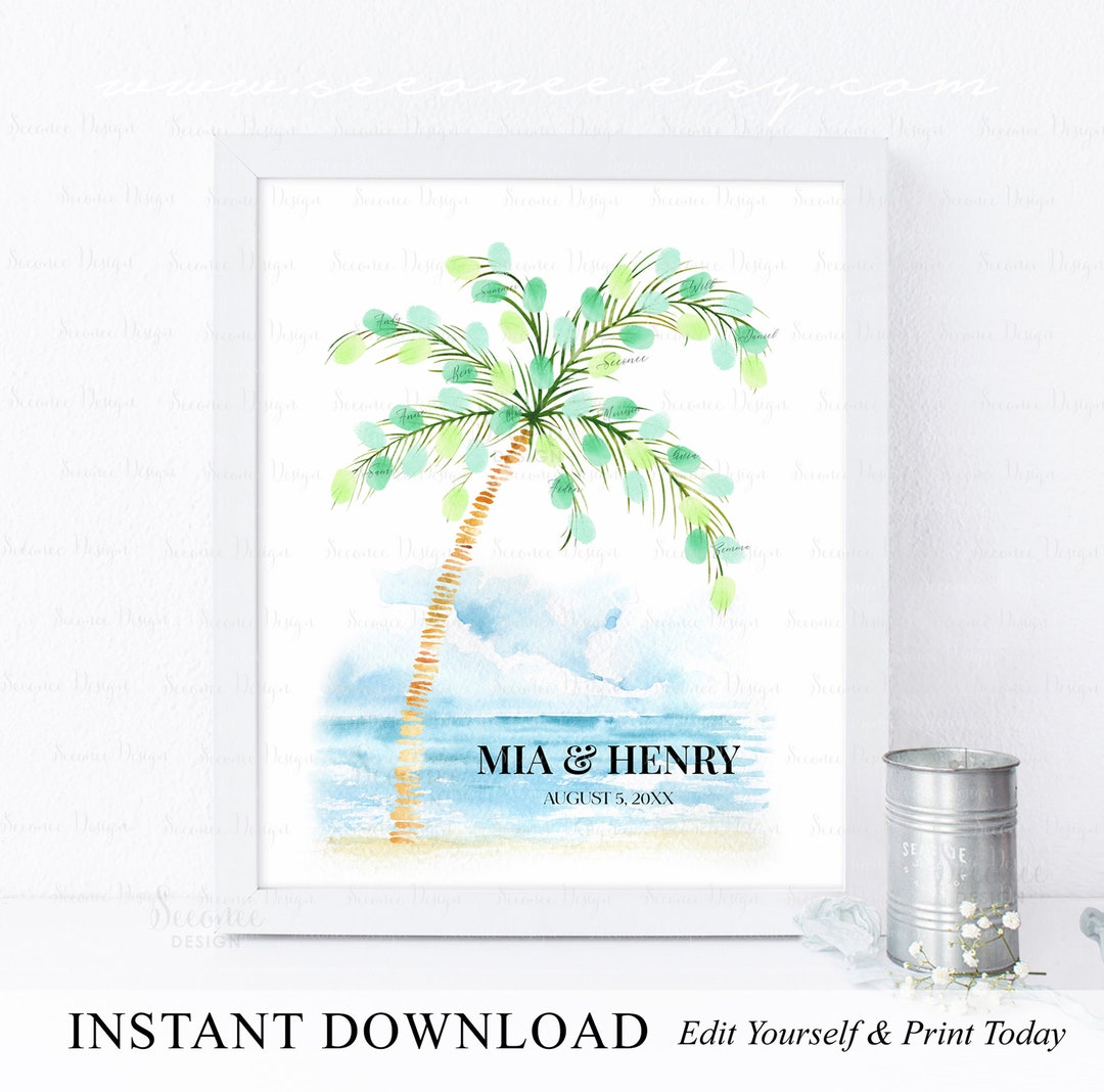 Editable Palm Tree Fingerprint Guestbook Alternative, Tropical Wedding ...
