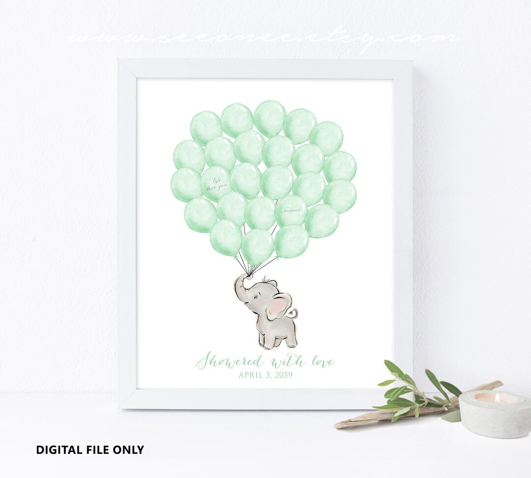 Mint Elephant Balloon Guestbook, Elephant Baby Shower Guestbook, Sign ...