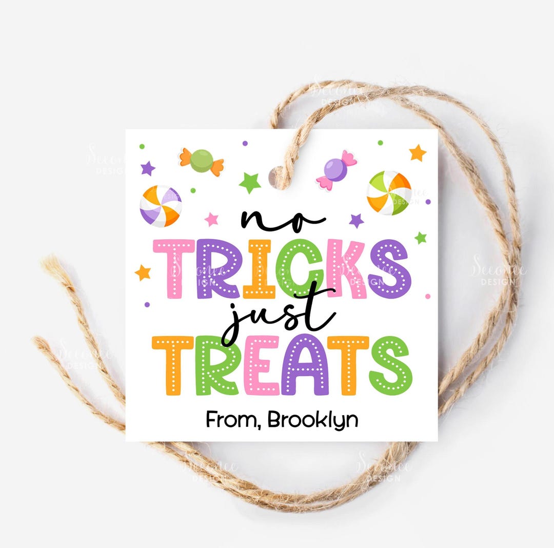 Halloween Gift Tag Printable, No Tricks Just Treats Halloween Gift Tag ...