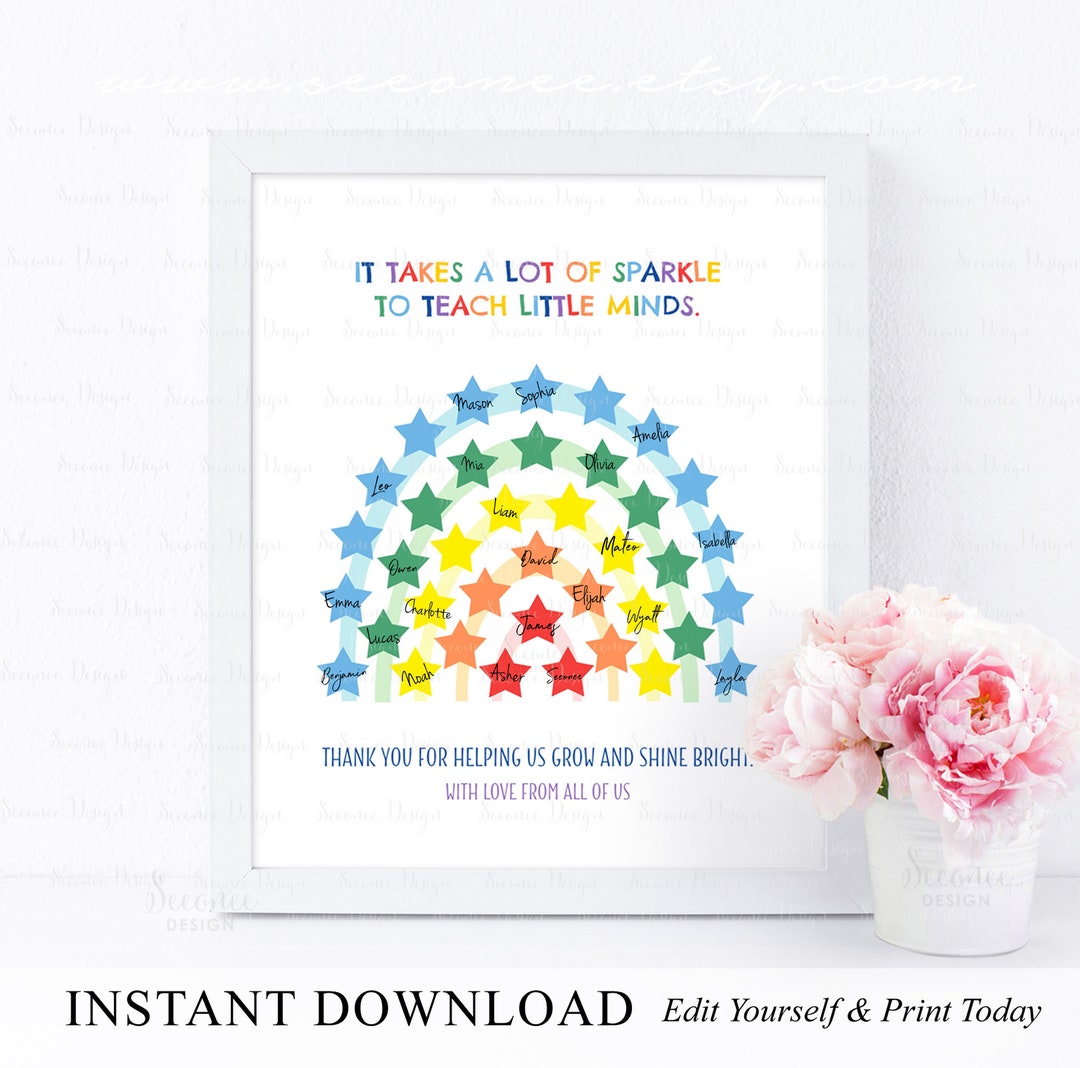 INSTANT DOWNLOAD Editable Rainbow Star Teacher Appreciation Gift, Star ...
