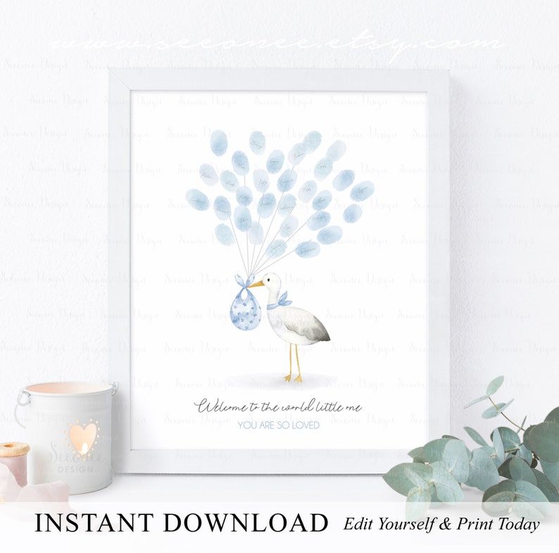 INSTANT DOWNLOAD Editable Navy Stork Baby Shower Thumbprint Guestbook ...