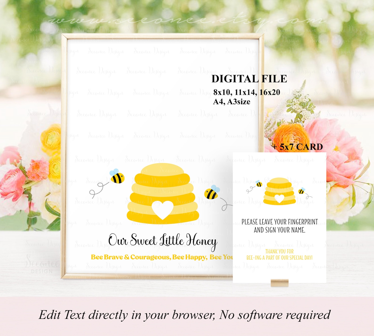 Honey Bee Fingerprint Guestbook Printable, Editable Beehive Thumbprint ...