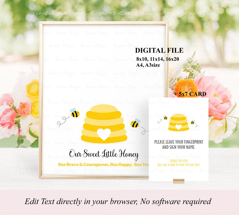 Honey Bee Fingerprint Guestbook Printable, Editable Beehive Thumbprint ...