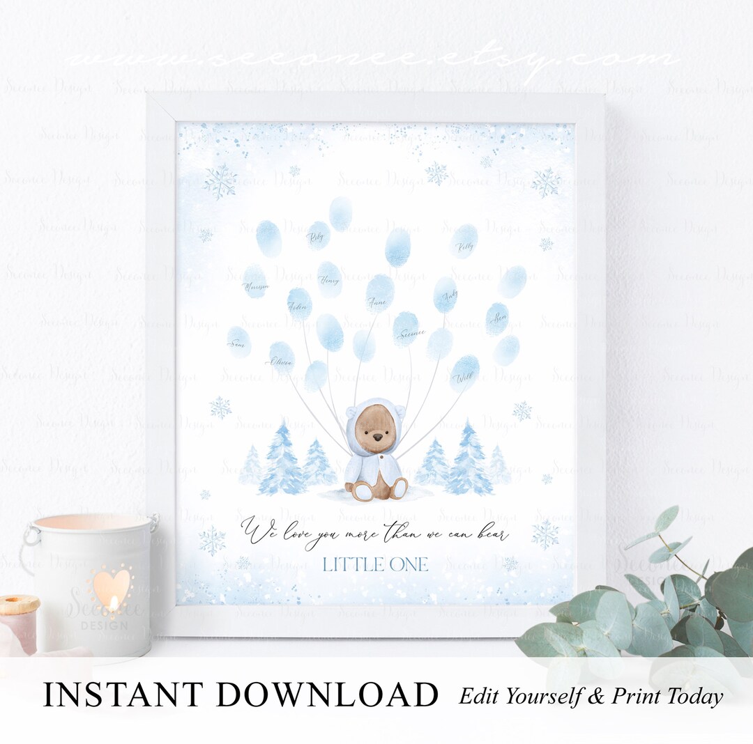 INSTANT DOWNLOAD Editable Blue Teddy Bear Party Thumbprint Guestbook ...