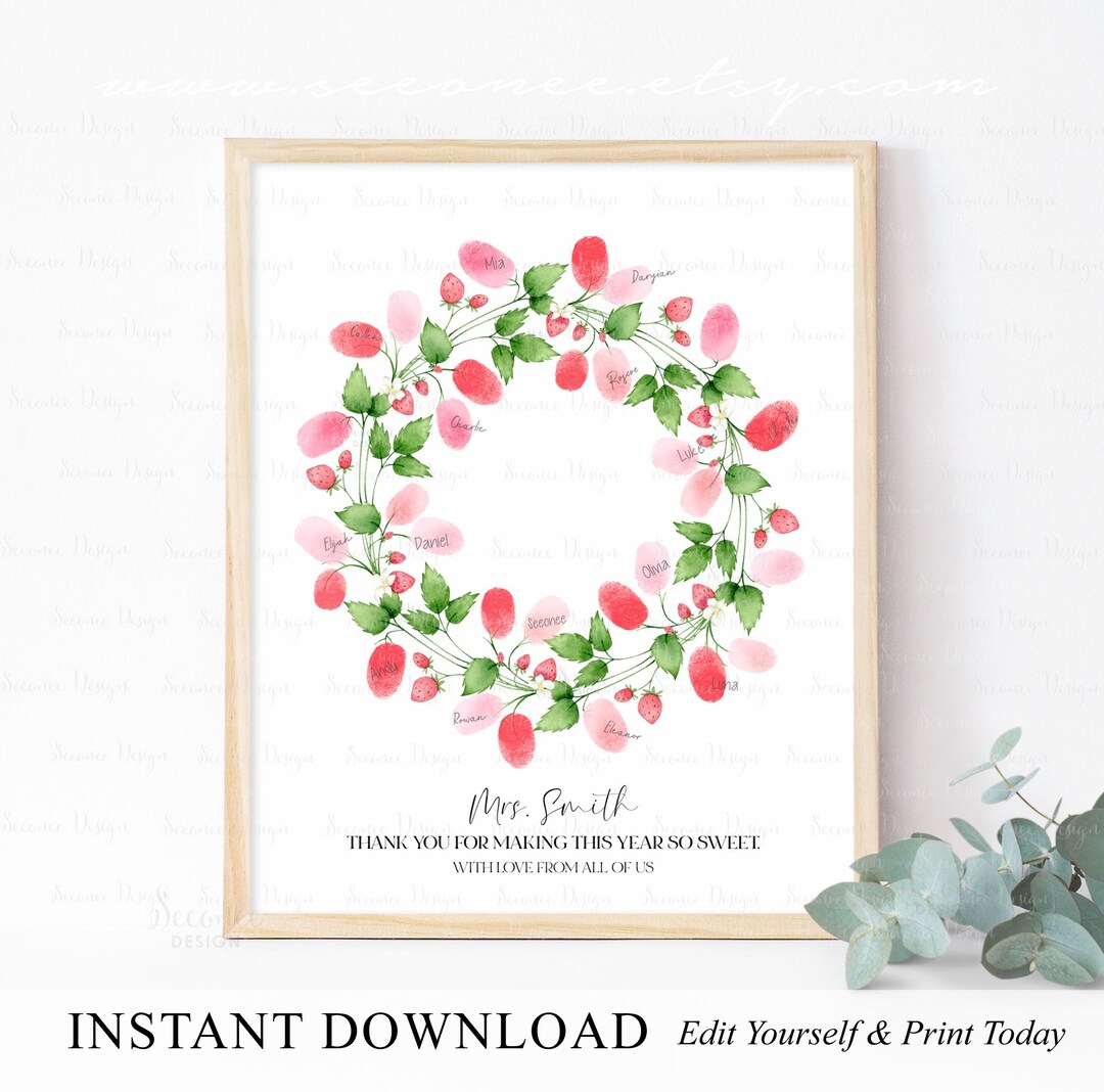 Editable Strawberry Teacher Appreciation Gift Fingerprint Art, End of ...