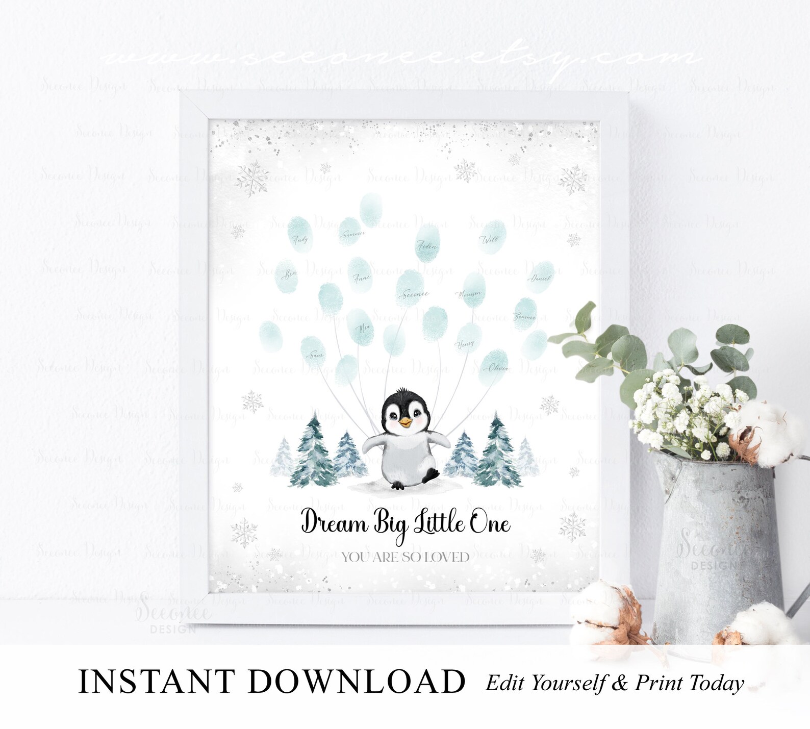 INSTANT DOWNLOAD Editable Penguin Birthday Party Thumbprint Guestbook ...