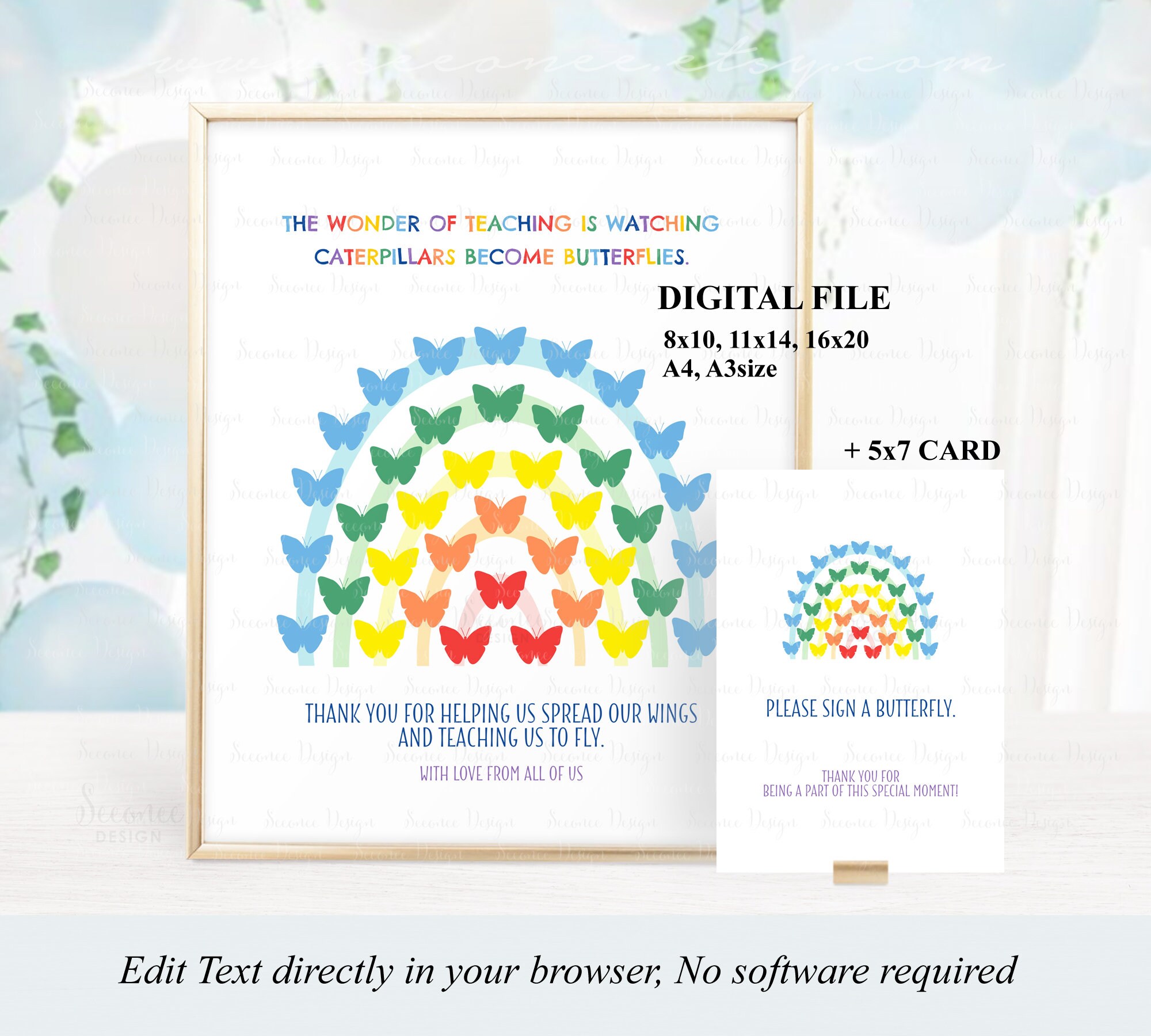 INSTANT DOWNLOAD Editable Rainbow Butterfly Teacher Gift, Personalised ...